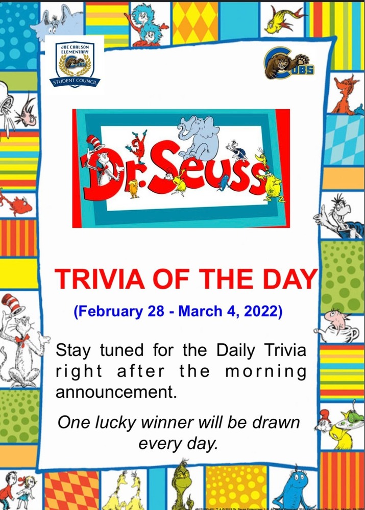 Dr. Seuss Daily Trivia after morning announcements | Joe Carlson ...