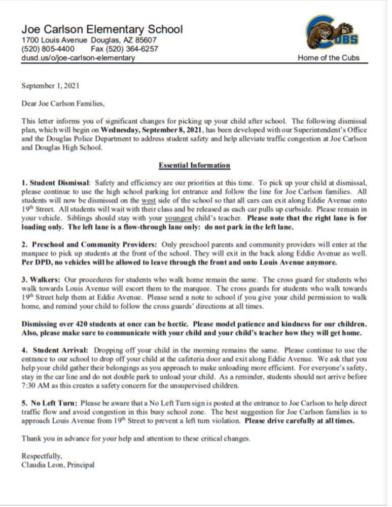 Beginning Wednesday, September 8, 2021 | Joe Carlson Elementary School